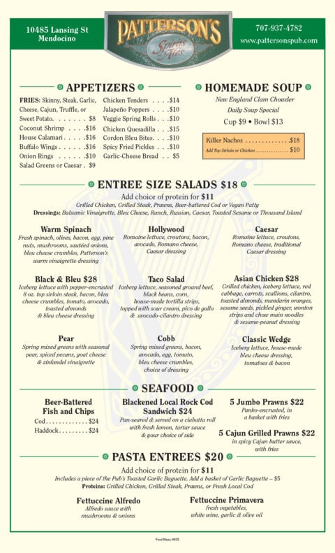 Pub Menus | Pattersons Pub Mendocino