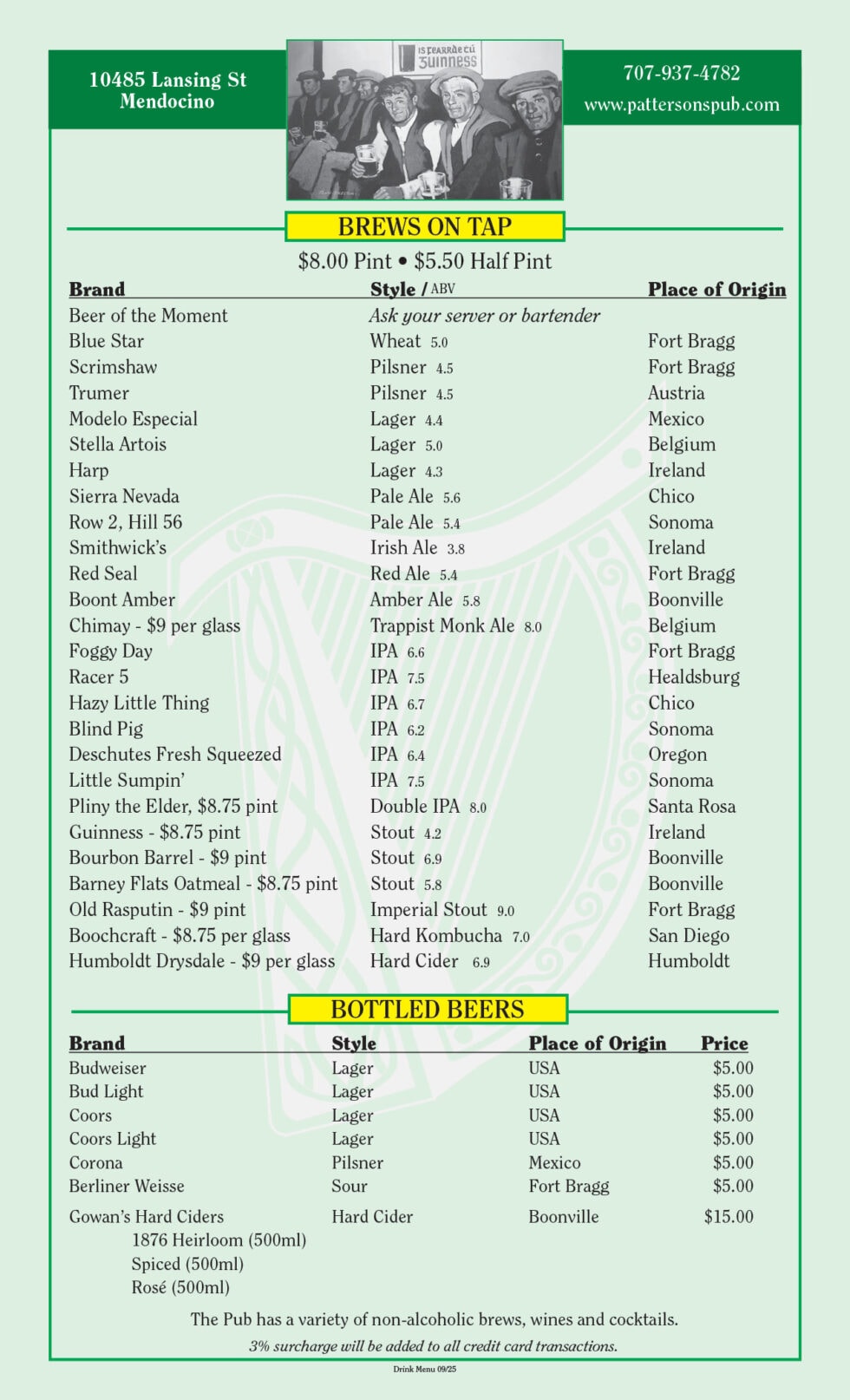 Pub Menus | Pattersons Pub Mendocino