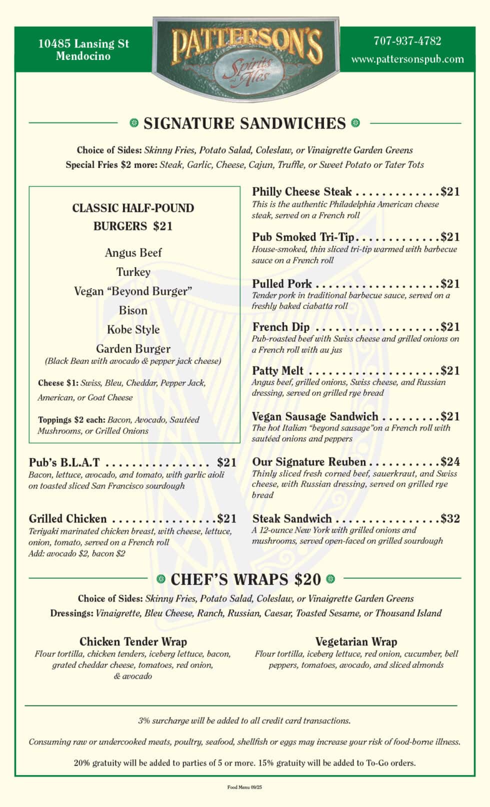 Pub Menus | Pattersons Pub Mendocino