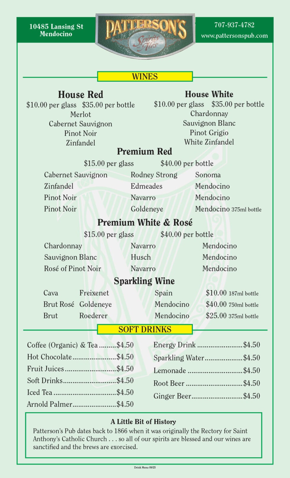 Pub Menus | Pattersons Pub Mendocino